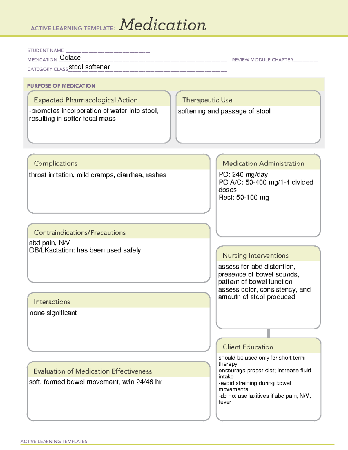 Colace (Medication Template) - Active Learning for Nursing Students ...