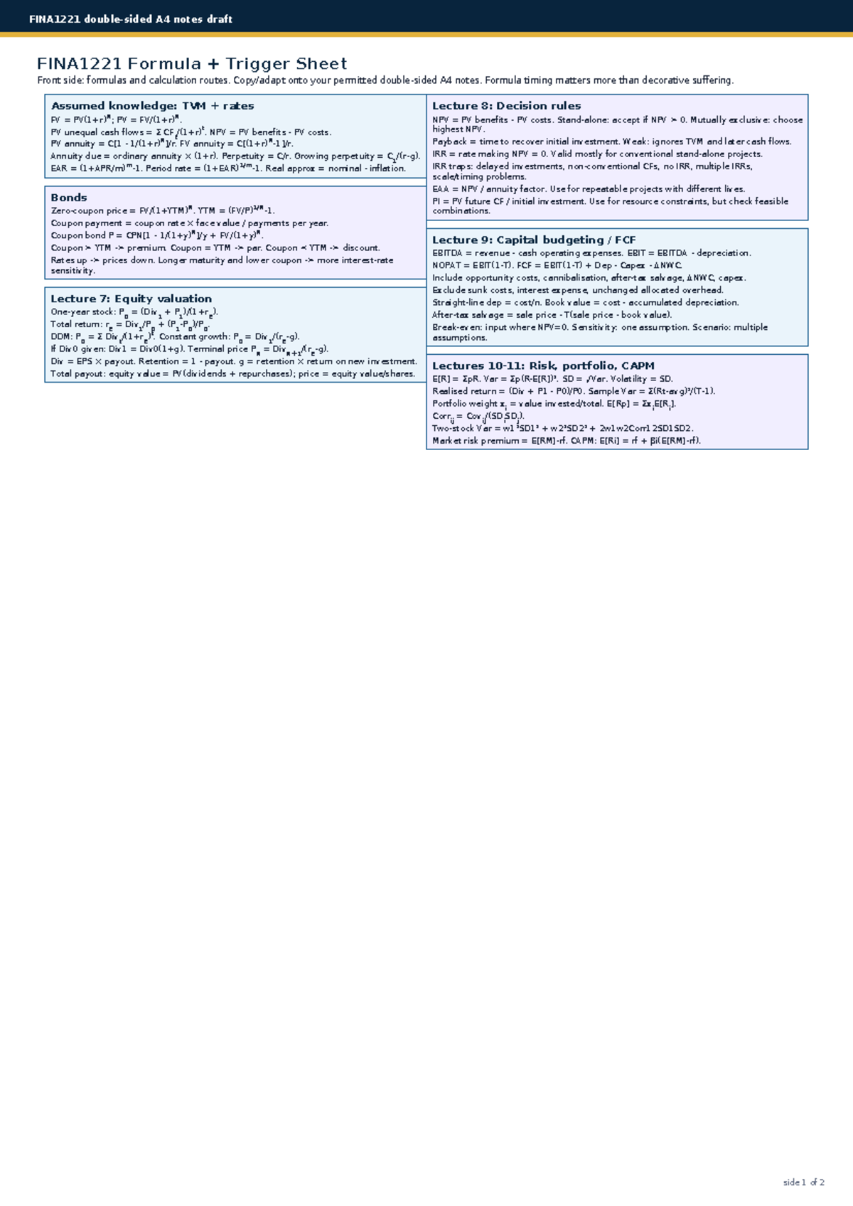 FINA1221 Double-Sided A4 Formula Cheat Sheet Draft - Studocu