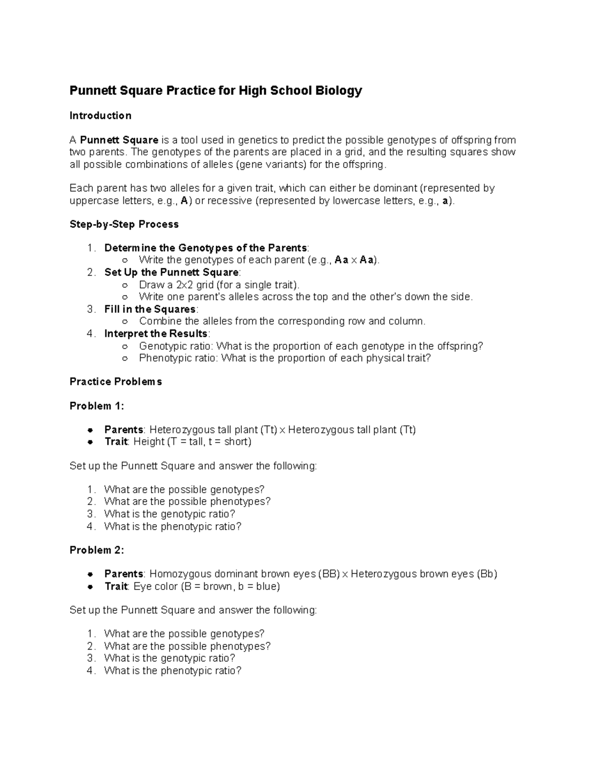 Punnett Square Practice for High School Biology (Genetics Study) - Studocu