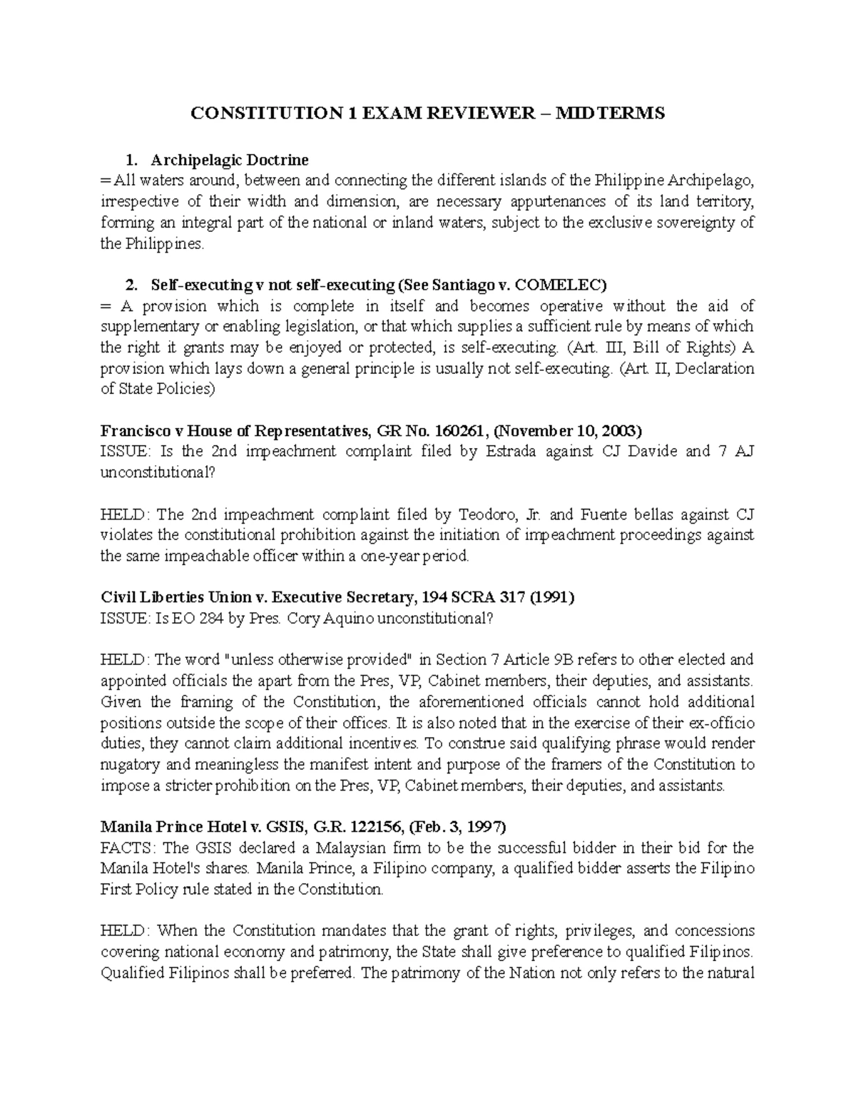 1987 Philippine Constitution Notes - THE 1987 CONSTITUTION A. Nature ...