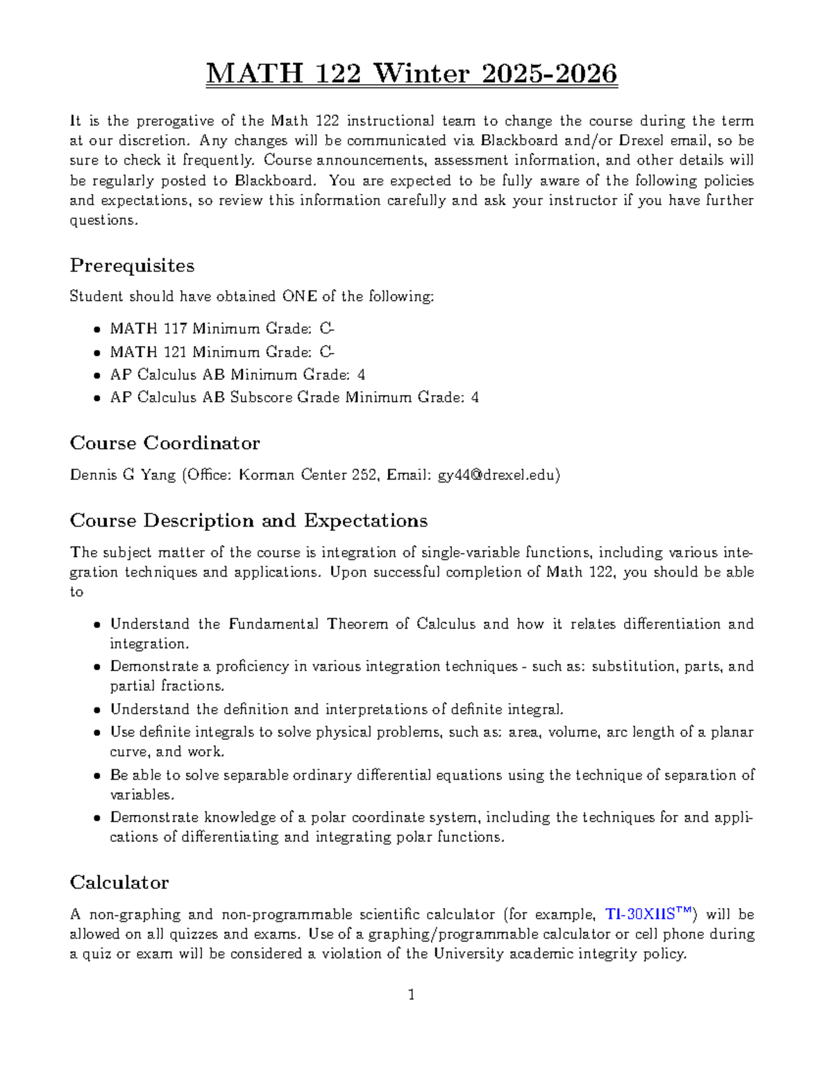 MATH 122 Syllabus: Integration Techniques & Course Policies Winter 2026 - Studocu