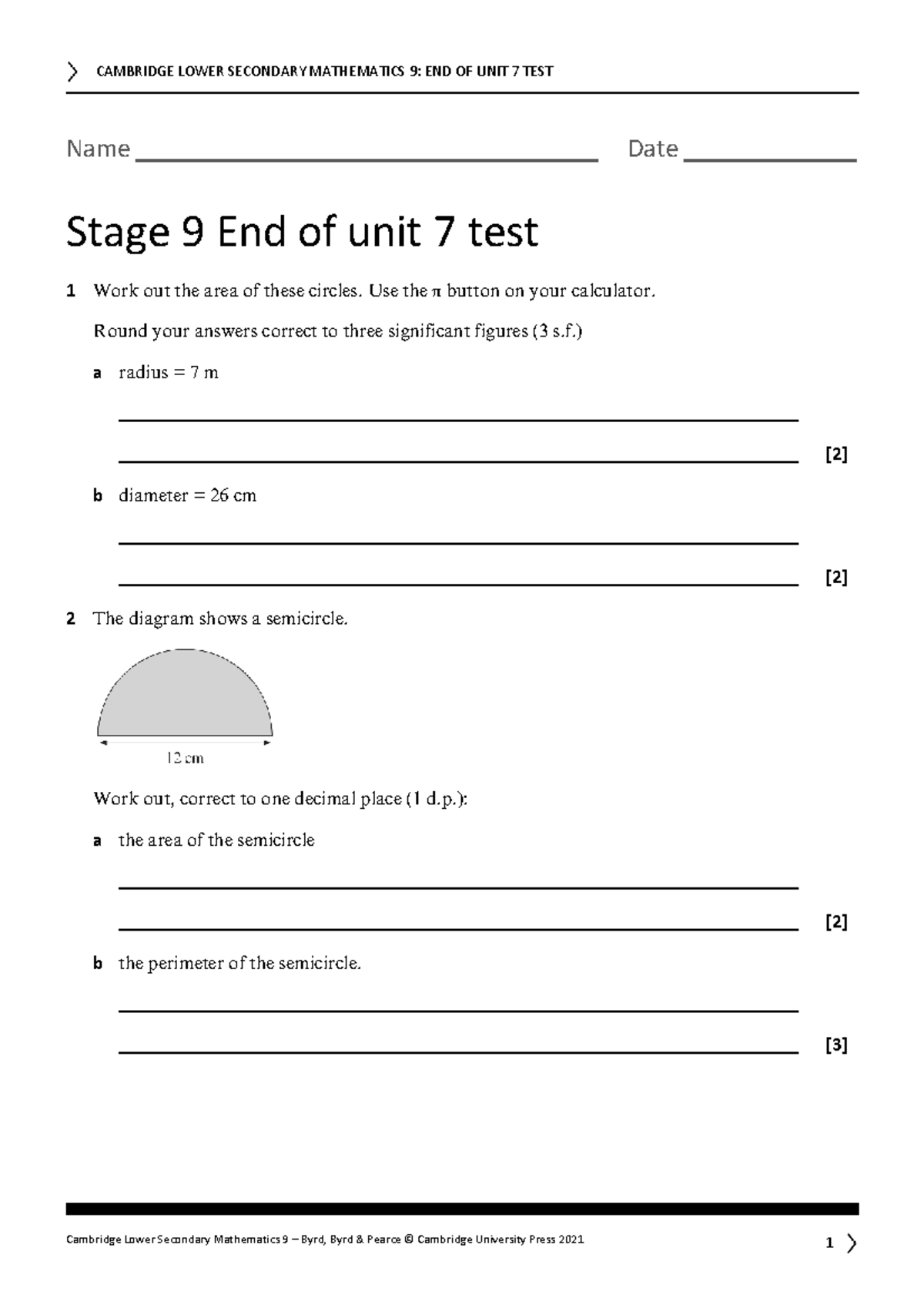 Cambridge Lower Secondary Mathematics 9: Unit 7 Test Review - Studocu