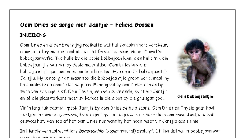 Oom Dries se Sorg met Jantjie: 'n Bonatuurlike Verhaal - Studocu