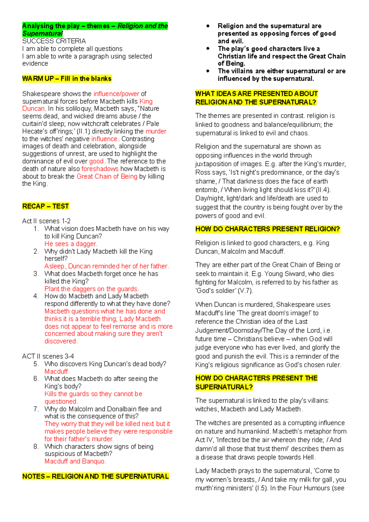EAL12T3W10L2 Notes on Religion and the Supernatural in Macbeth - Studocu
