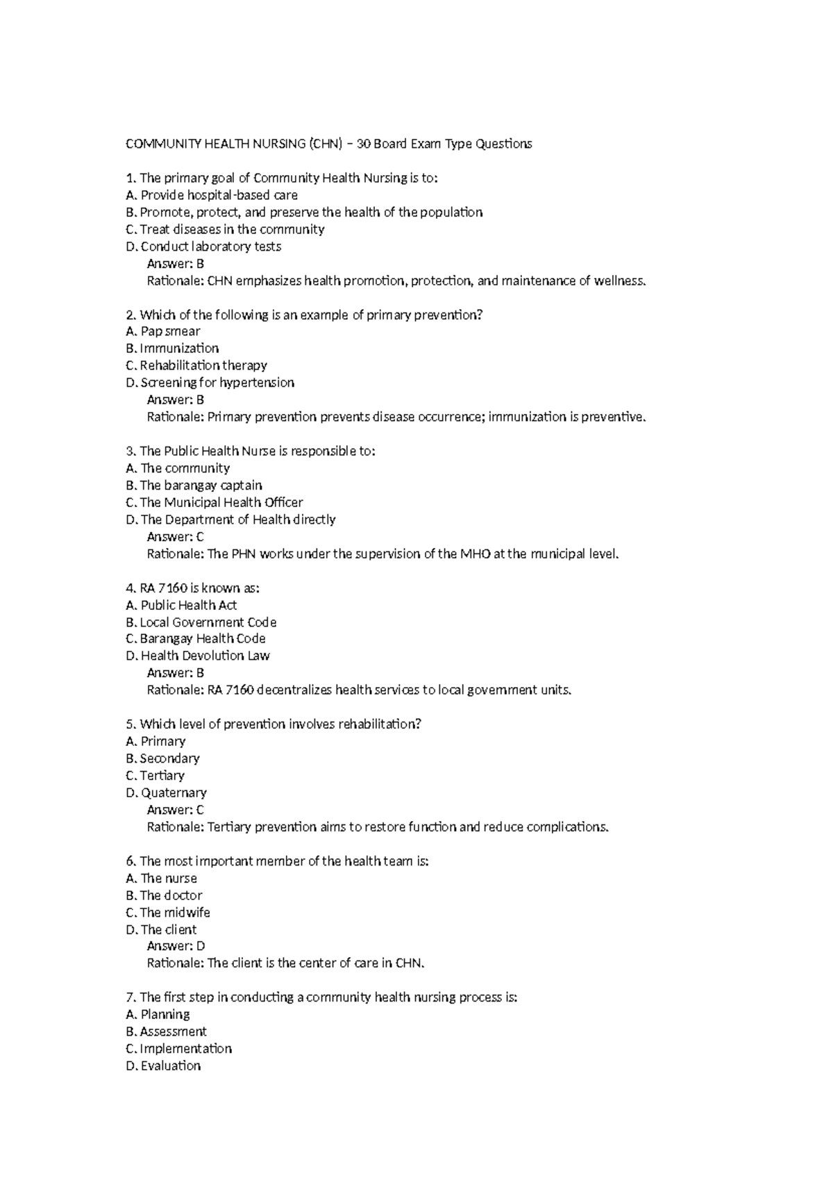 COMMUNITY HEALTH NURSING (CHN) 30 Exam Questions and Answers - Studocu