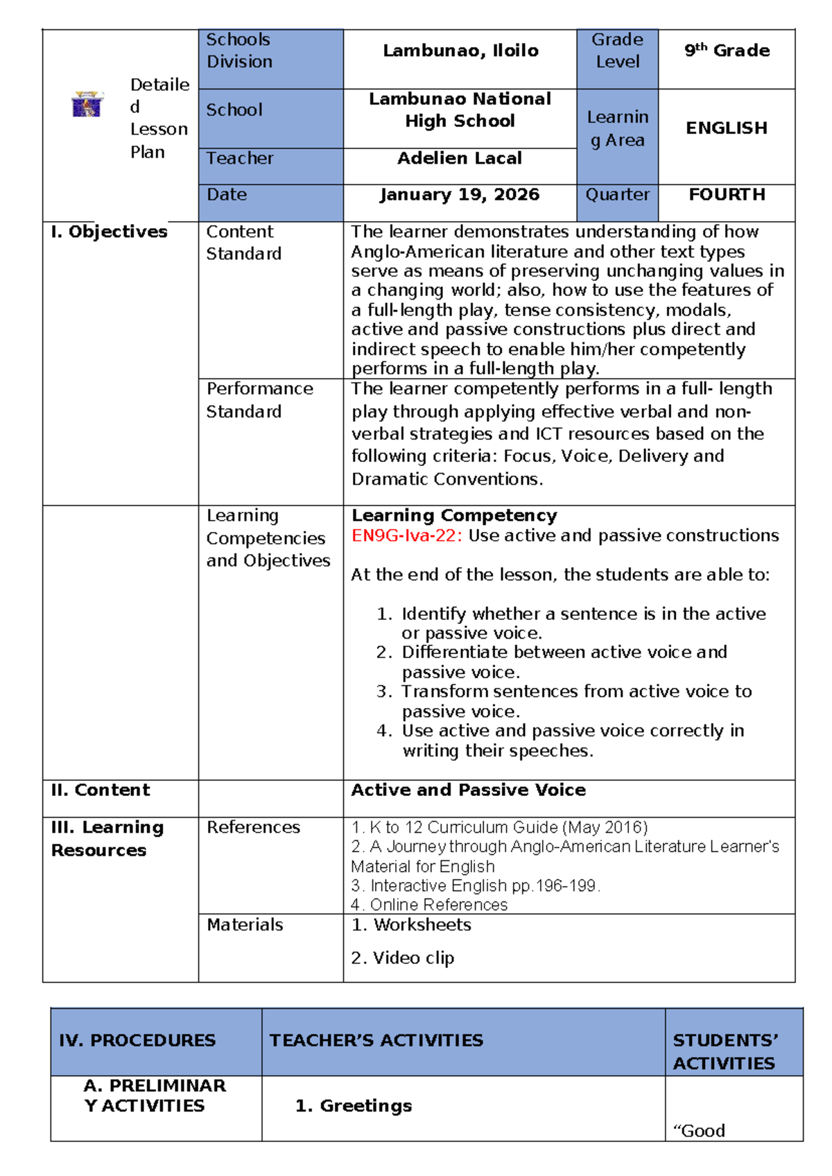 LP - Active and Passive Voice Lesson Plan for 9th Grade - Studocu