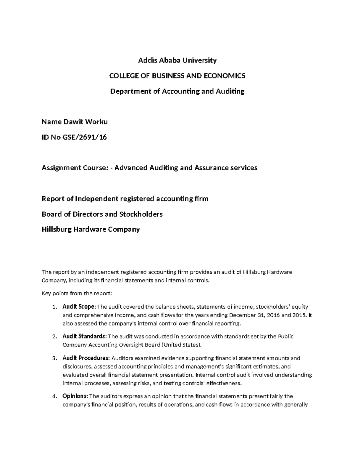 Advanced Auditing and Assurance Services - Audit Report for Hillsburg ...
