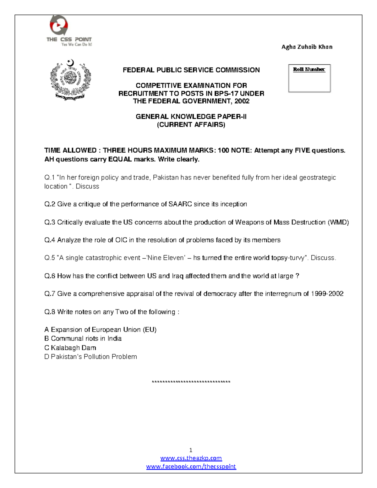 Current Affairs 2002 - FPSC Competitive Exam Notes - Studocu