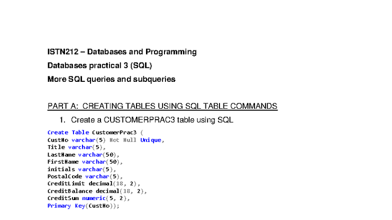 ISTN212 Databases Practical 3 - SQL Queries & Subqueries Guide - Studocu