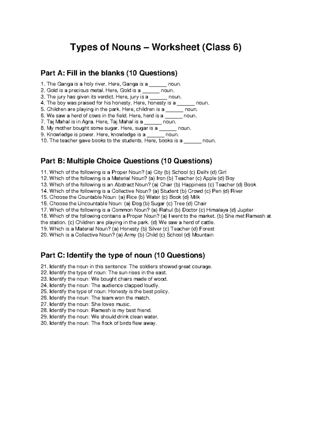Noun Worksheet (Class 6) - Types of Nouns with MCQs & Fill-in - Studocu