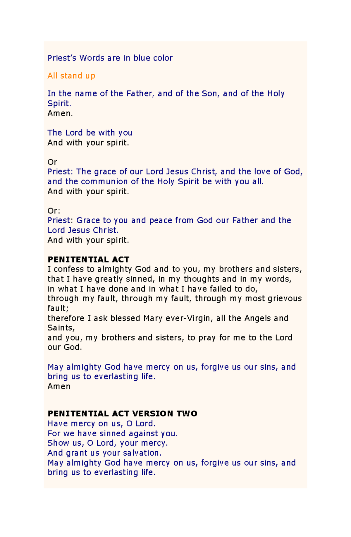 English Mass Guide for Commentator - Priest’s Words are in blue color ...