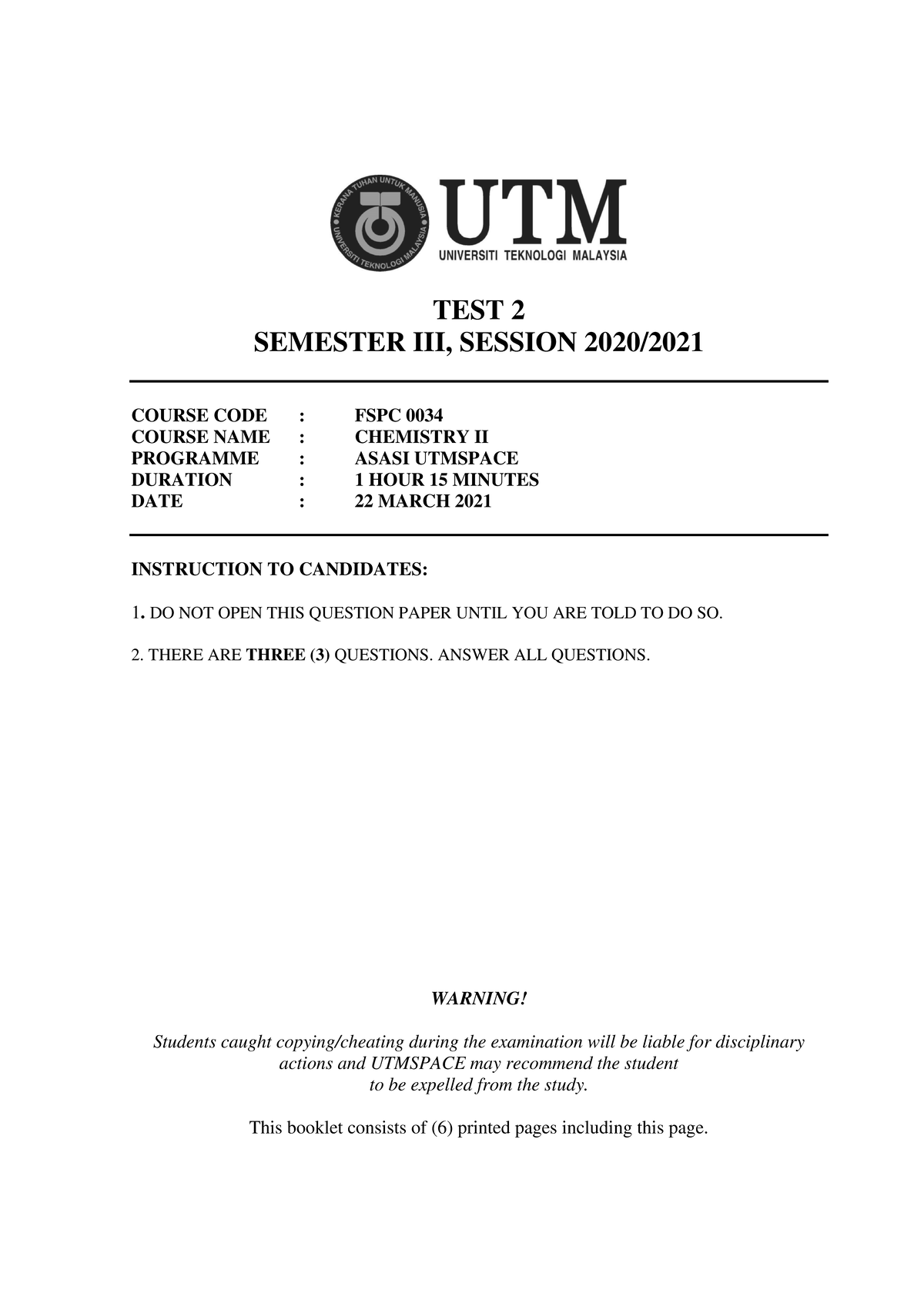 FSPC 0034 Chemistry II Test 2 Questions Overview - Semester III 2021 ...