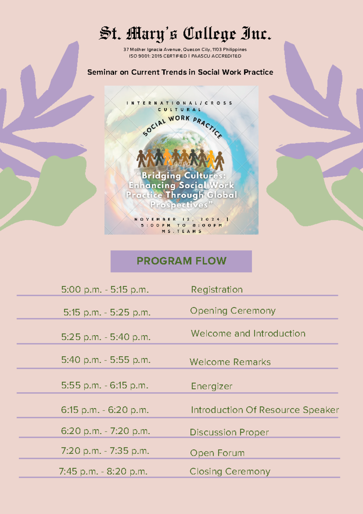 Program Flow - activity plan - PROGRAM FLOW 5:00 p. - 5:15 p. Registration Opening Ceremony 5:15 ...