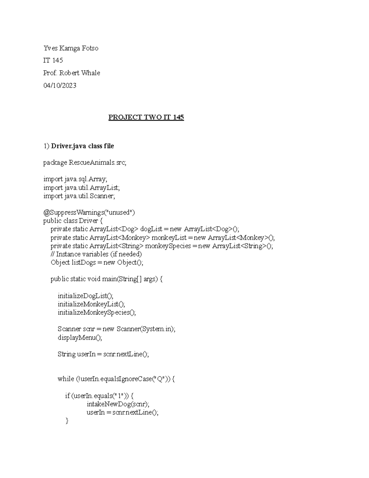 IT 145 Project Two: Rescue Animal System Implementation - Studocu