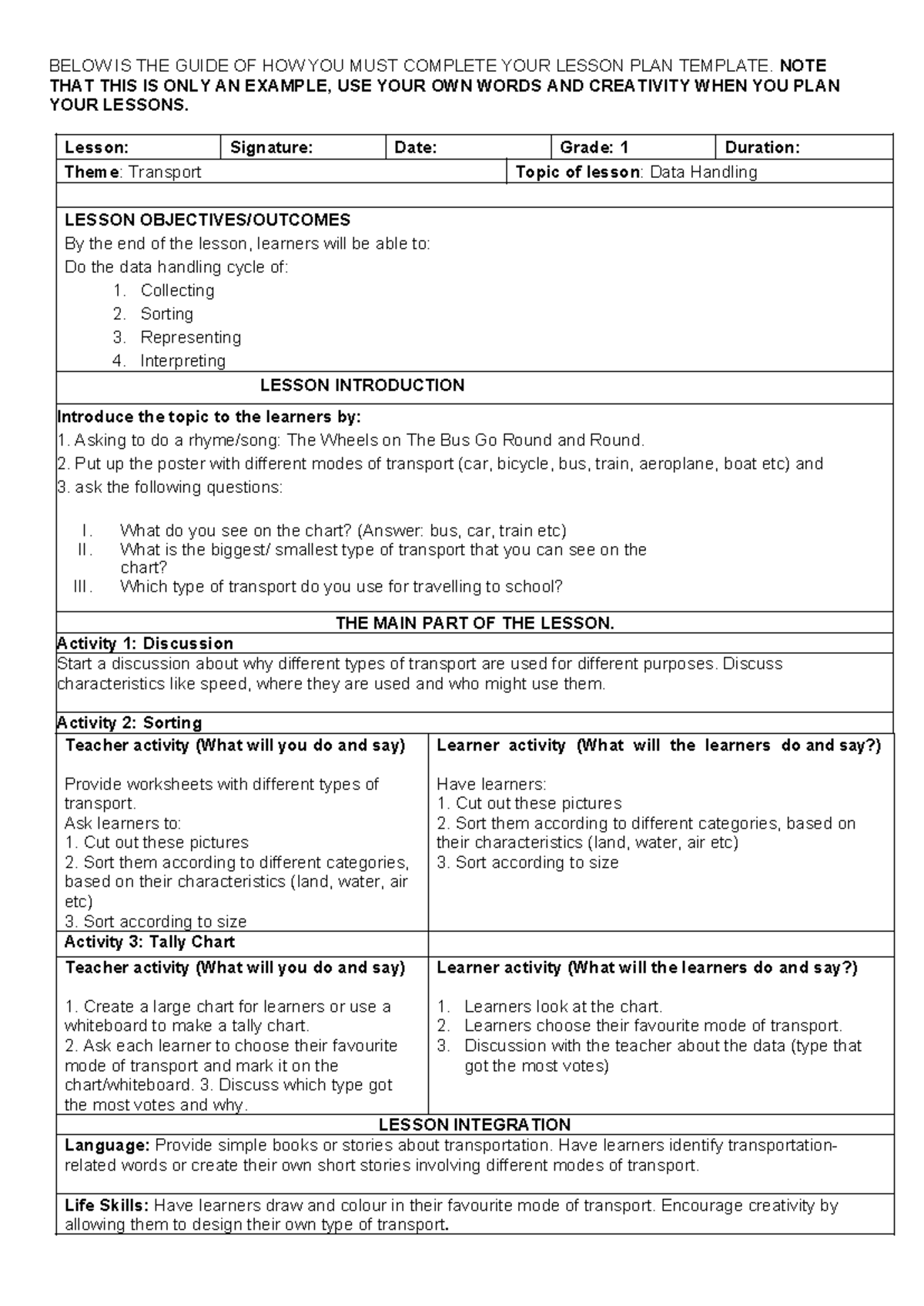Lesson Plans for Grades 1-3: Transport Theme and Data Handling - Studocu