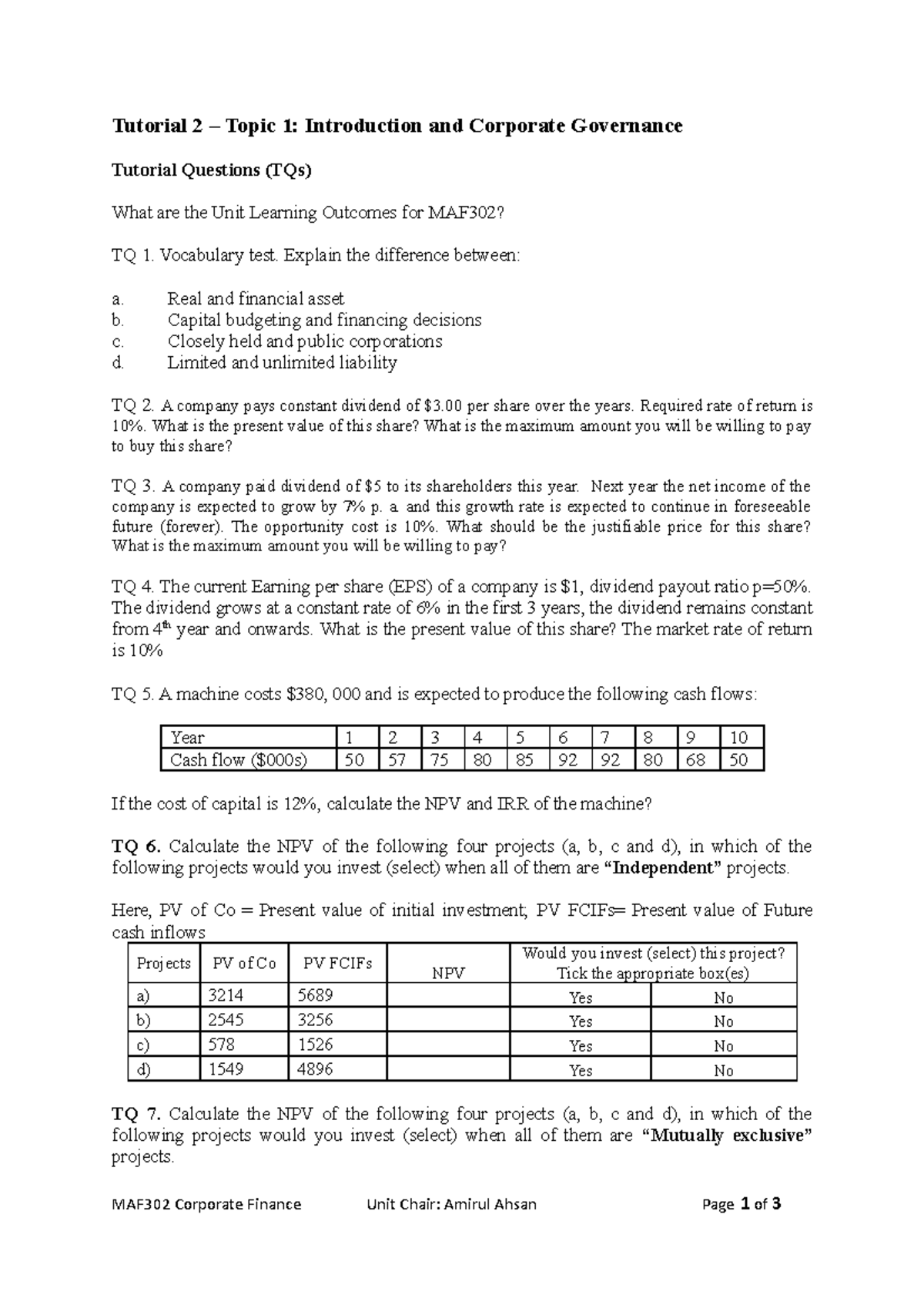 Tutorial 2 Questions MAF302 - Tutorial 2 – Topic 1: Introduction and ...