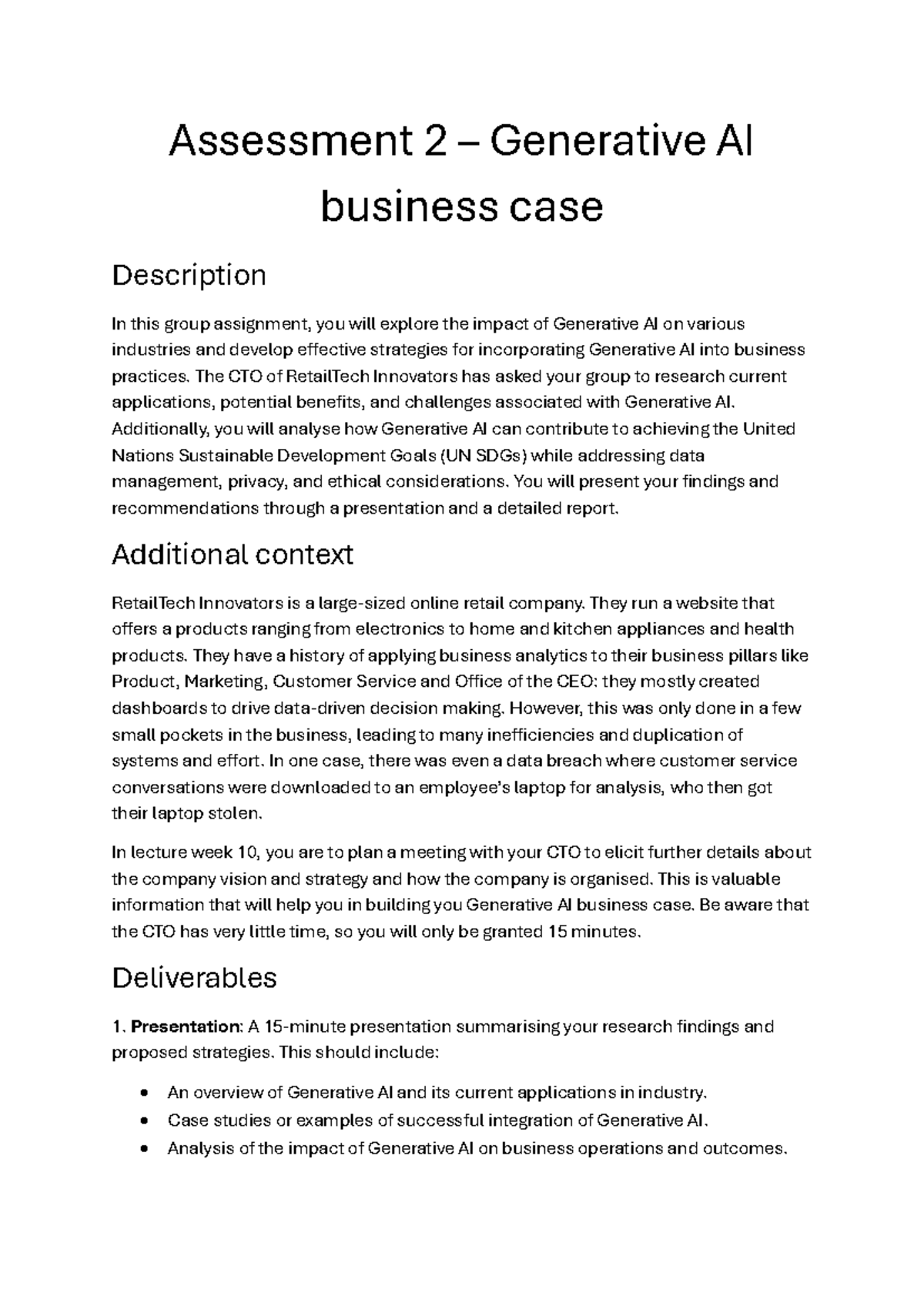 Assessment 2: Generative AI Business Case for RetailTech Innovators ...