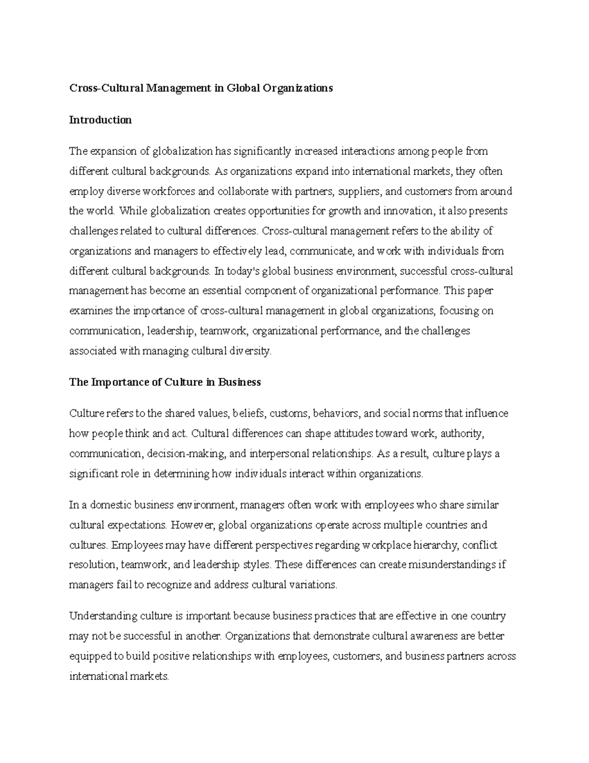 Cross-Cultural Management in Global Organizations: Challenges ...