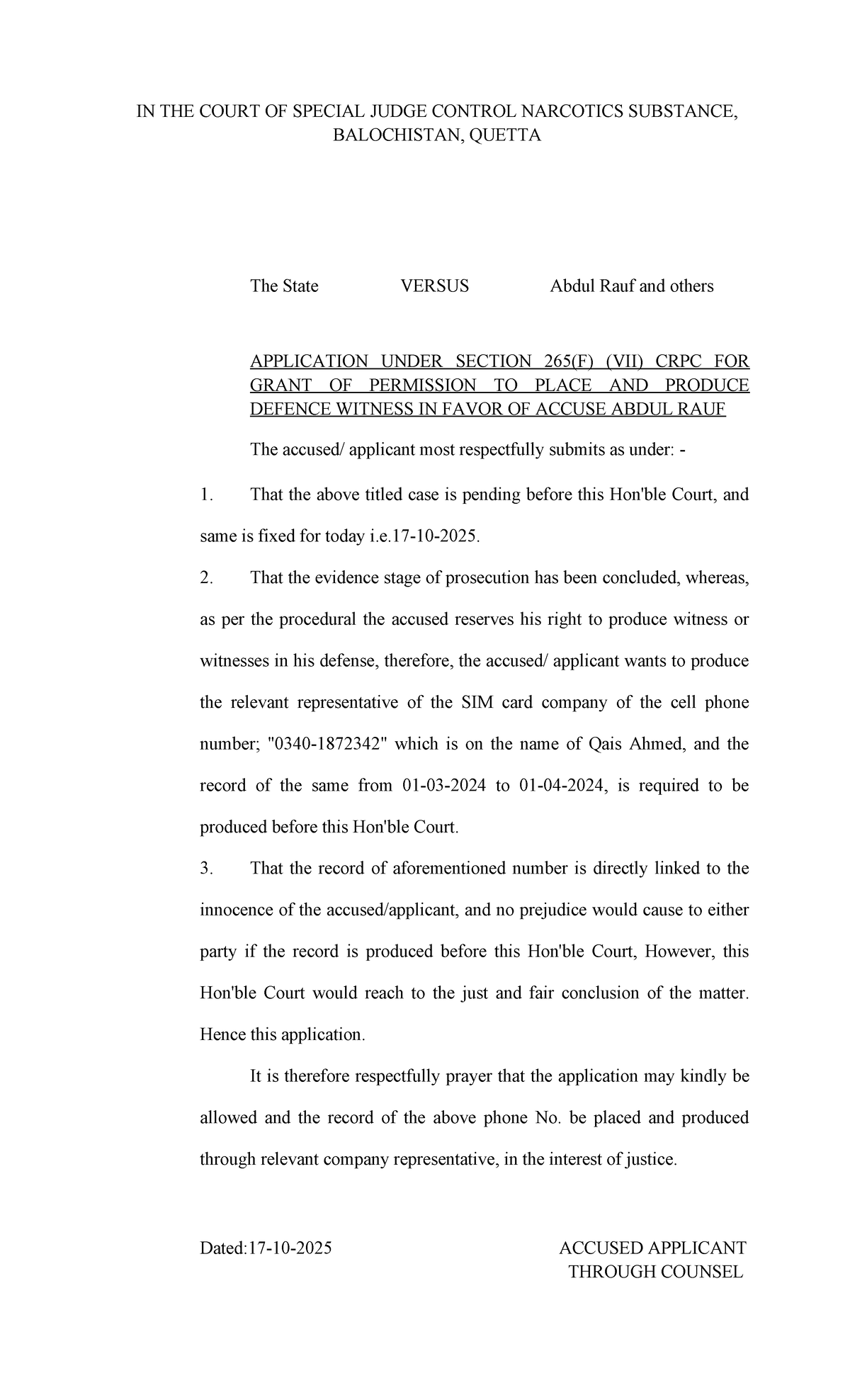 Application for Production of Defense Witness in State v. Abdul Rauf ...