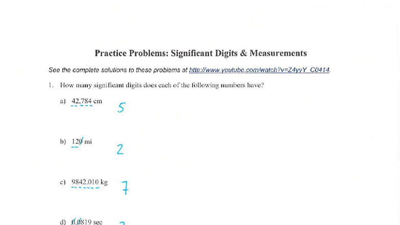 01 - Significant Digits & Measurements - Answer Key - Chem 200 ...