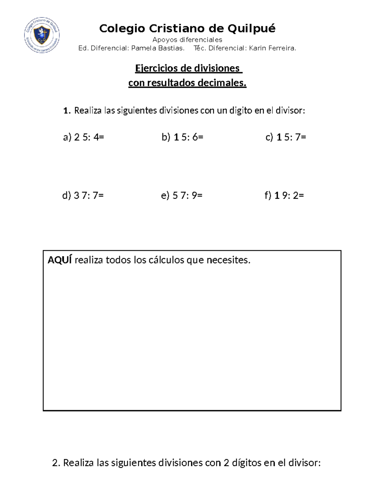 Ejercicios de Divisiones con Resultados Decimales - Ed. Diferencial ...