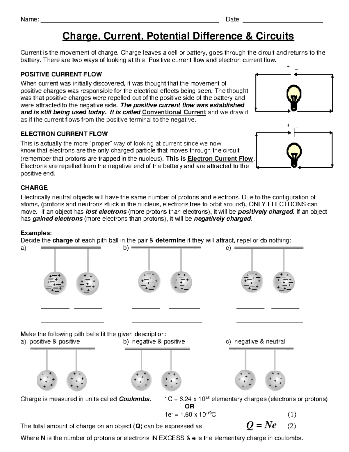 Charge, Current, Potential Difference & Circuits Notes (Course Code: 1 ...