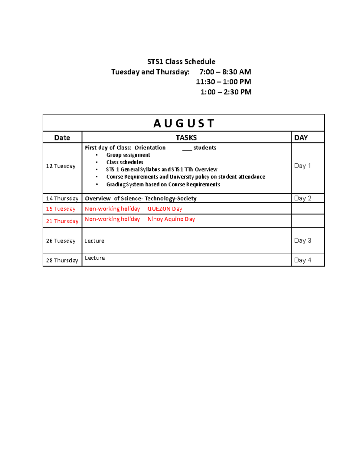 STS1 August Class Schedule - STS1 Class Schedule Tuesday and Thursday ...