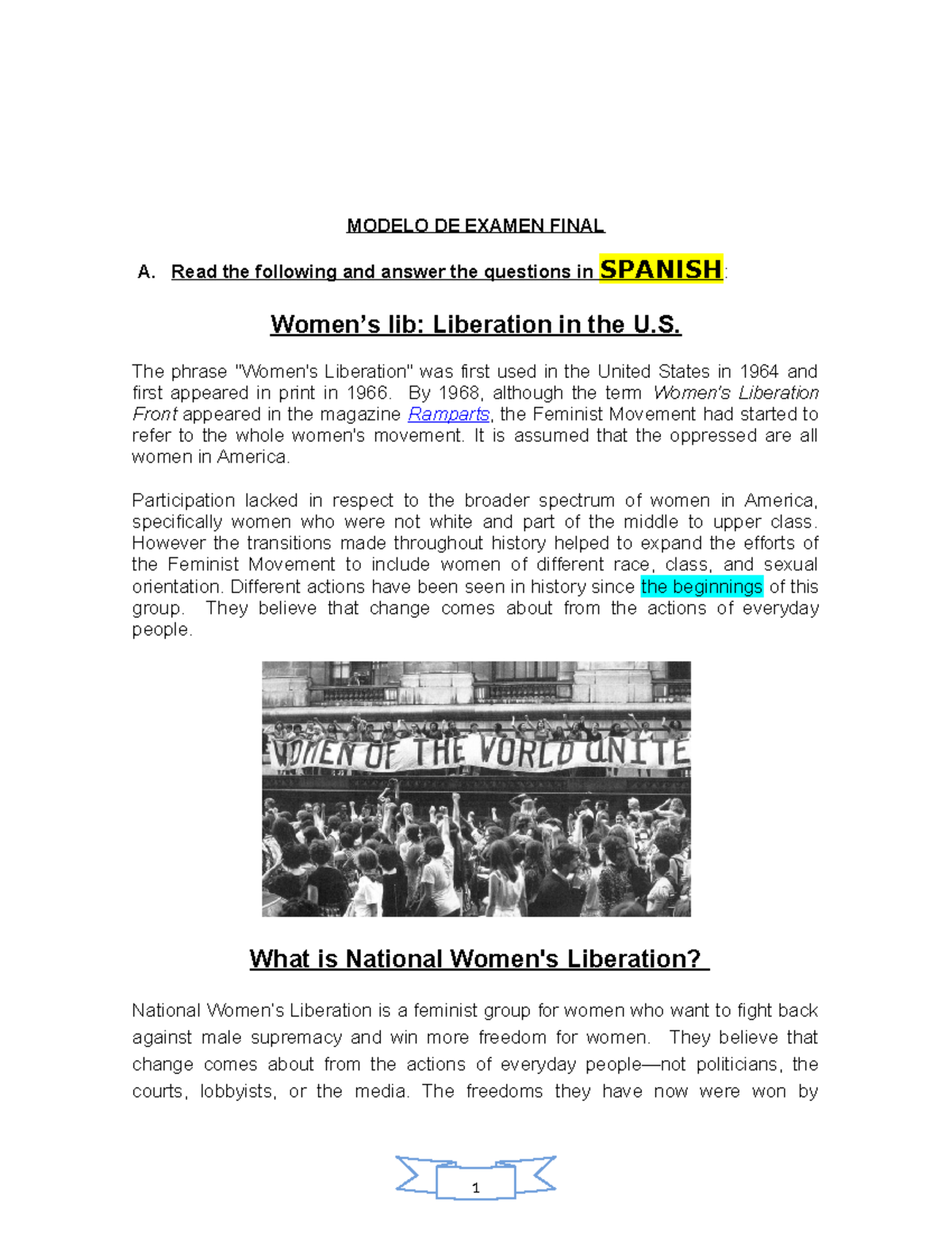Modelo de Examen Final: Feminism and Women's Liberation Movements - Studocu