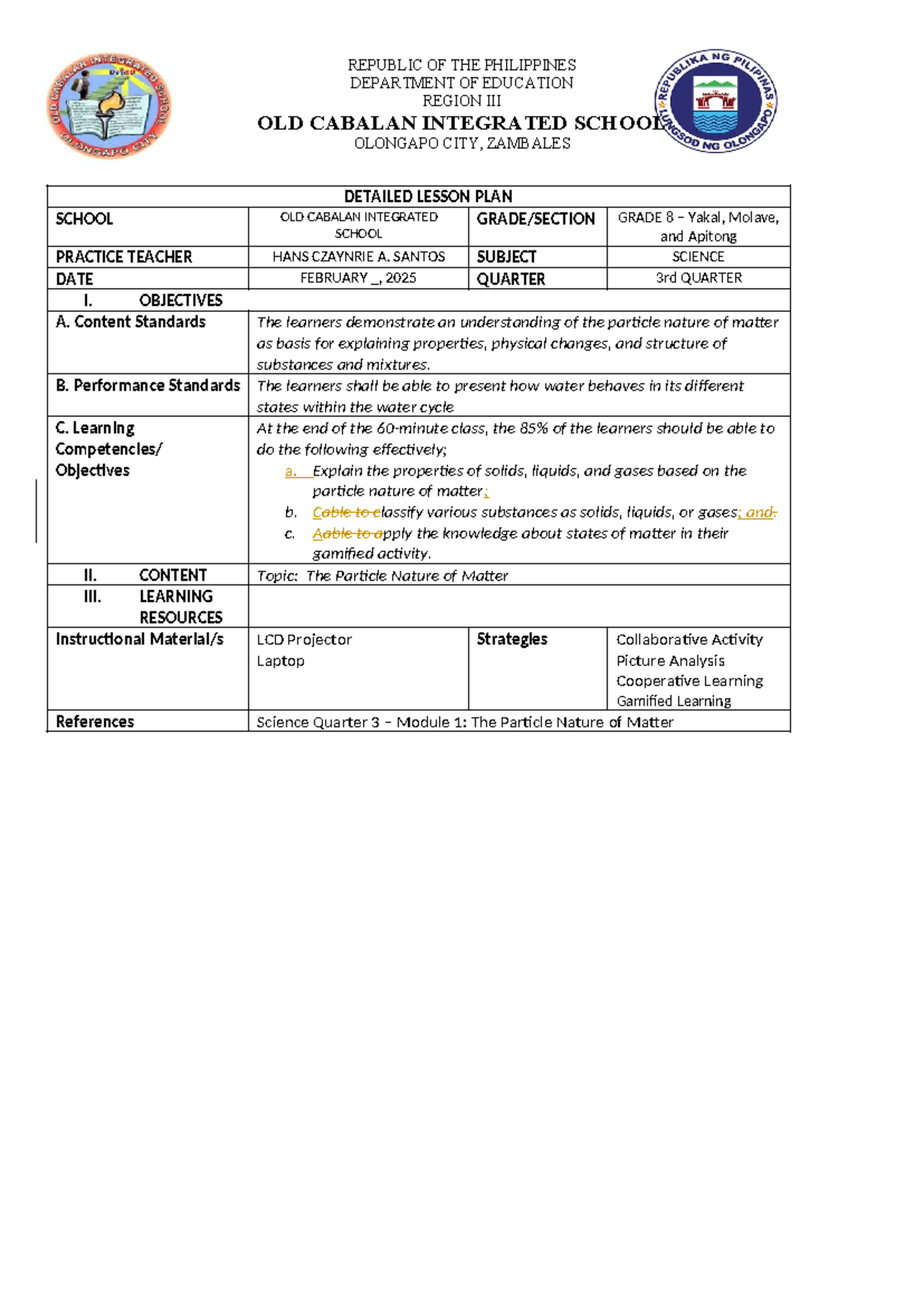 DLP: Grade 8 Science Lesson Plan on Particle Nature of Matter - Studocu