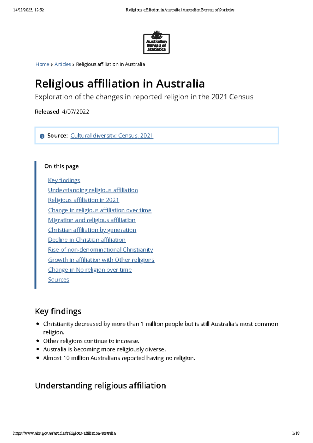 Religious Affiliation in Australia: Census Insights 2021 - Studocu