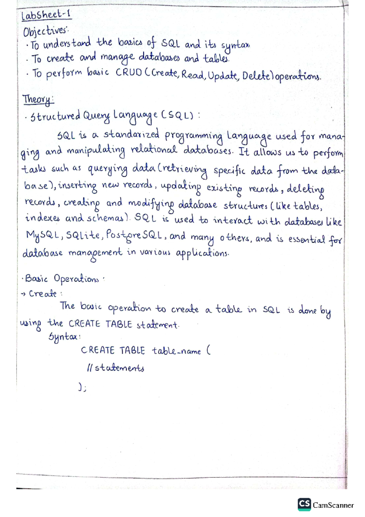 DBMS-LAB - labsheet of dbms - Objectives: To understand the basics of SQL and its syntax To ...