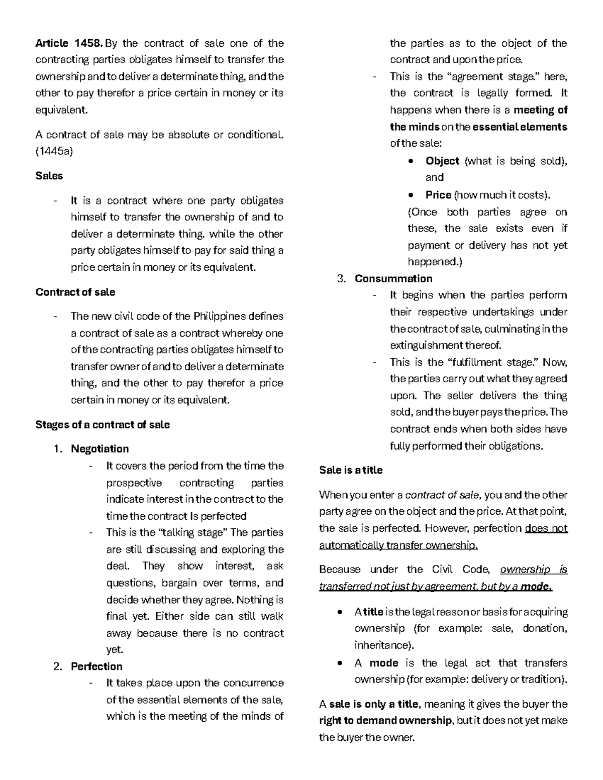 Article 1458: Contract of Sale - Key Concepts and Stages (Rfbt Prelims ...
