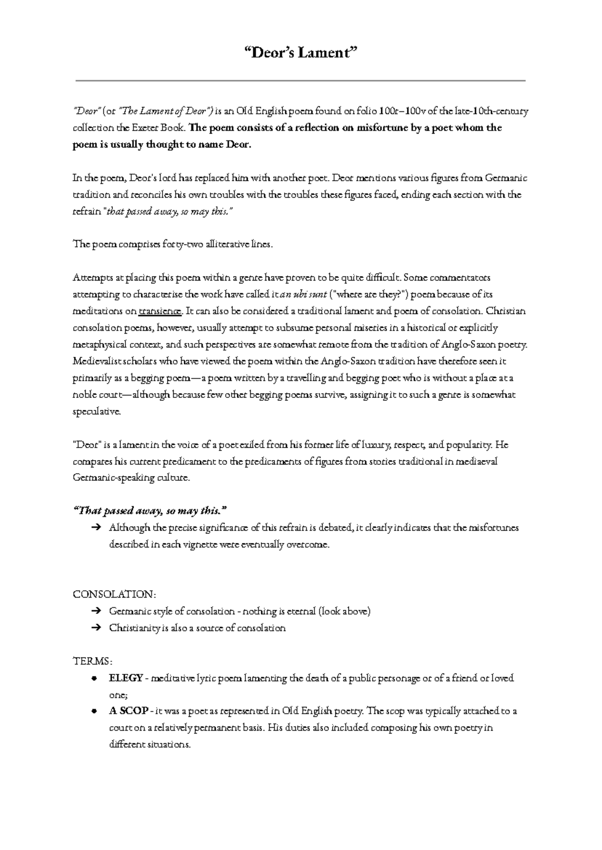 Deor's Lament - Lecture Notes and Exercises on Old English Poem - Studocu