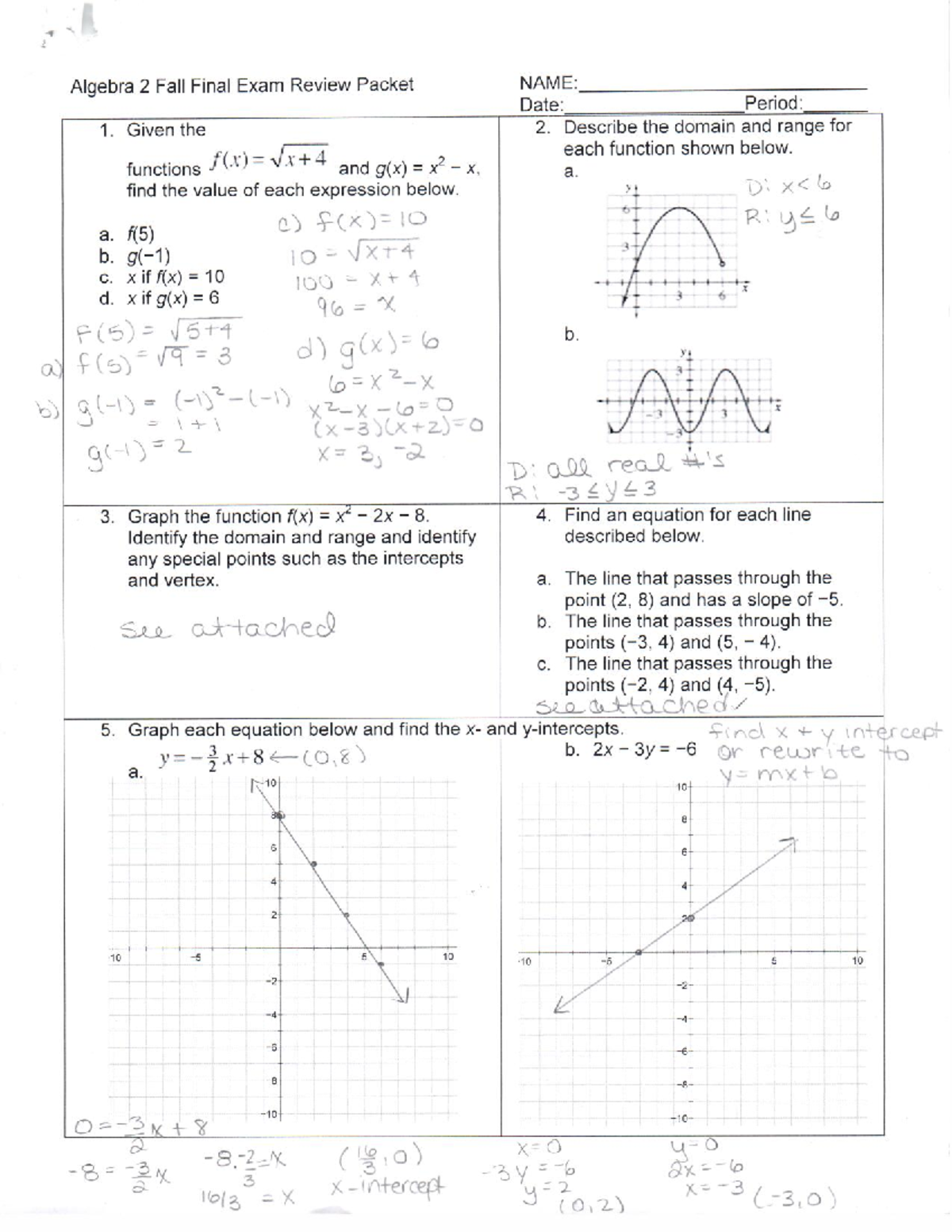 Algebra 2 Fall Final Exam Review Packet - Key 1 2 - Studocu