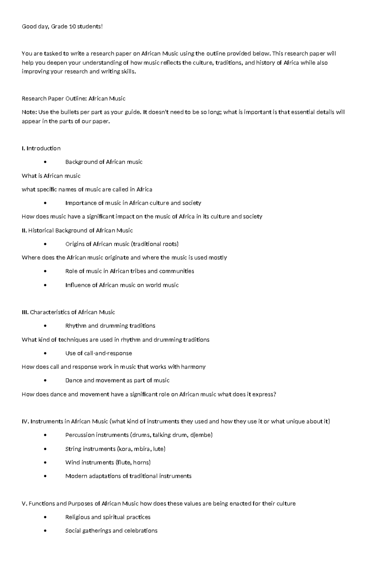 African Music Research Paper Outline for Grade 10 Students - Studocu