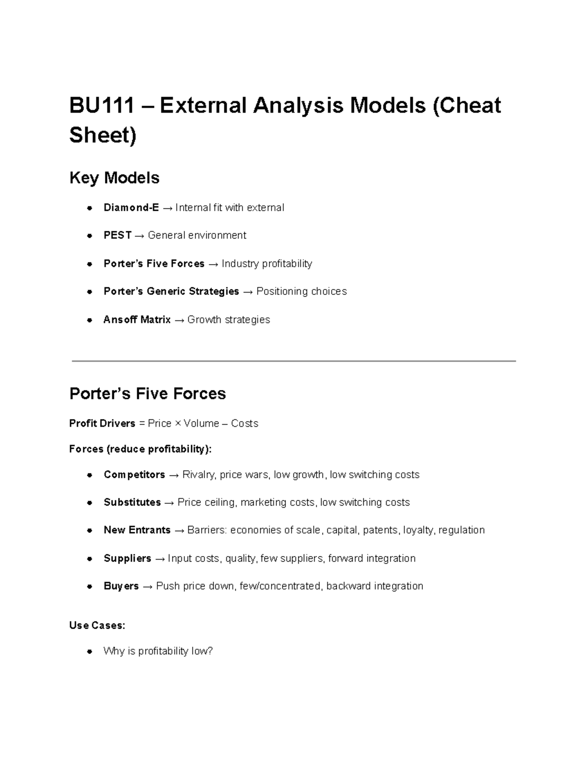 BU111 Cheat Sheet: External Analysis Models & Key Strategies - Studocu
