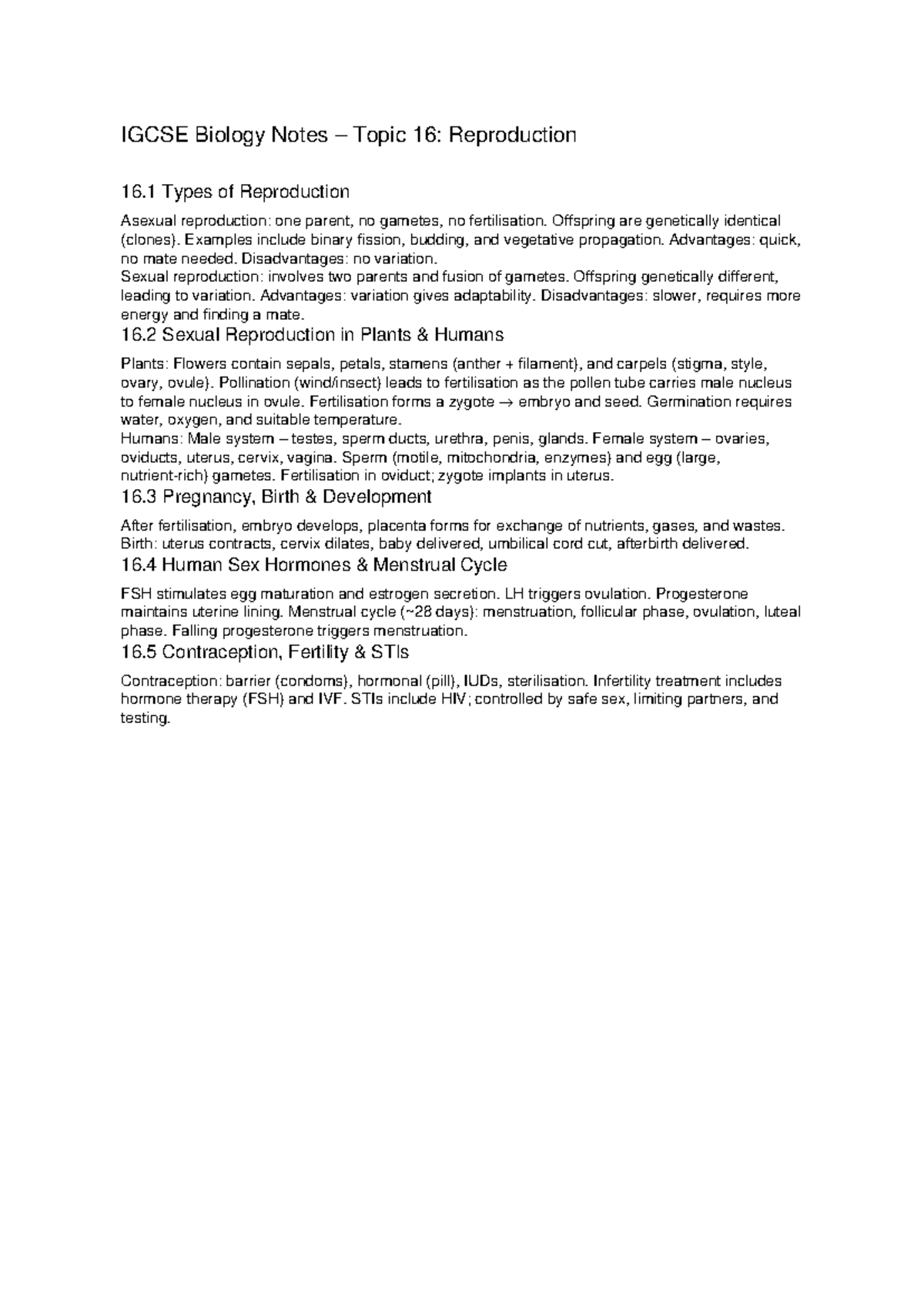 IGCSE Biology Notes: Topic 16 - Reproduction Overview - Studocu