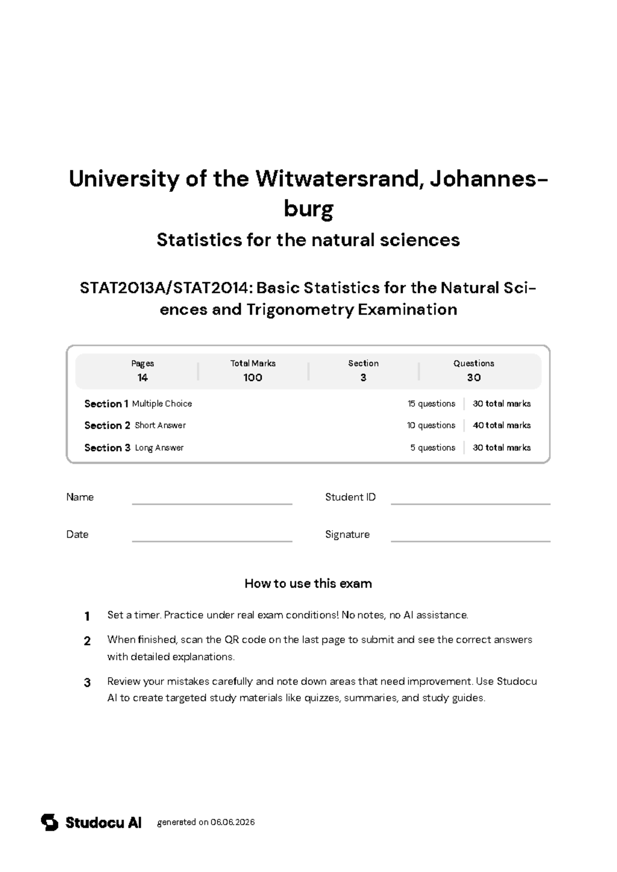 STAT2013A/STAT2014: Basic Statistics & Trigonometry Exam - Studocu