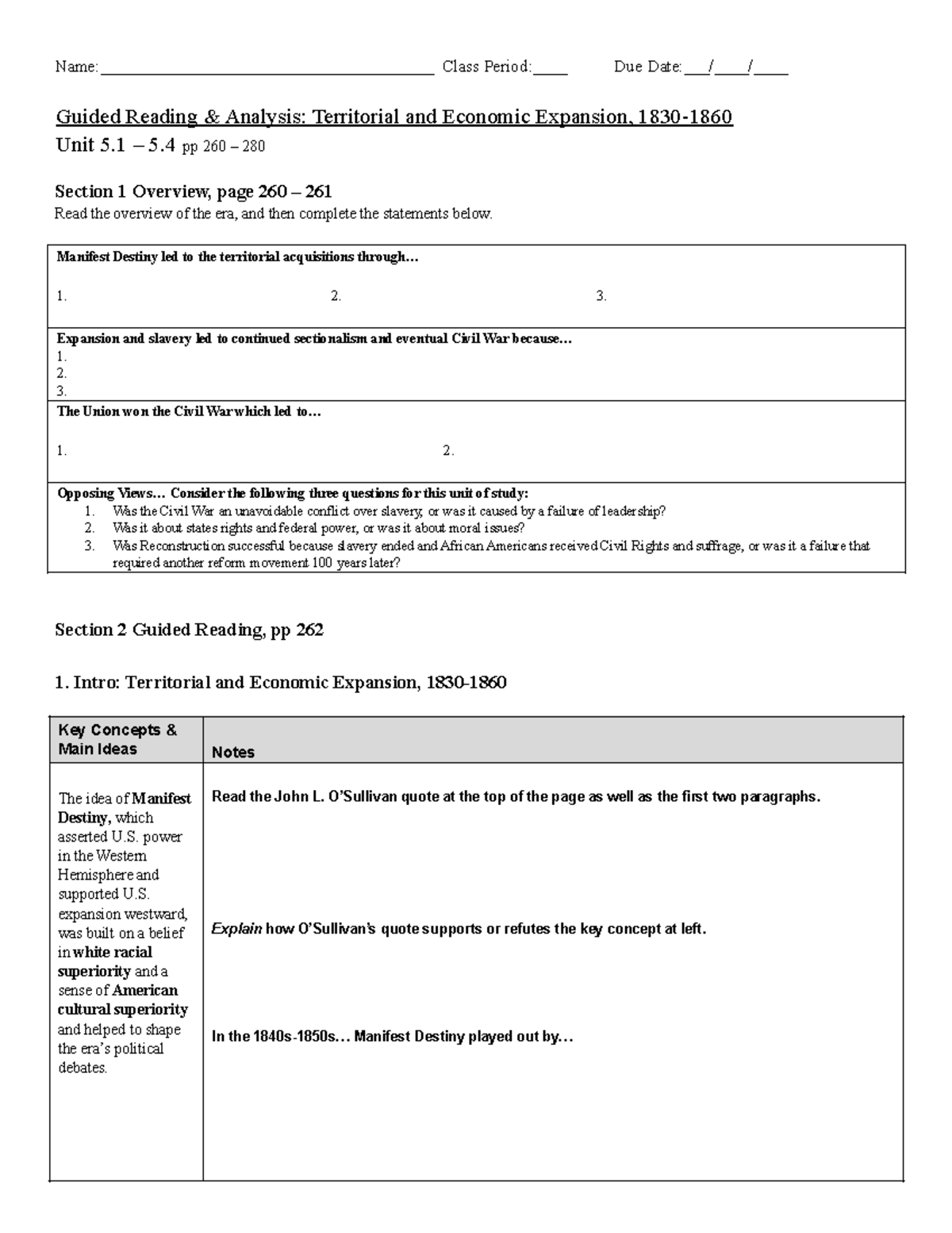 Unit 5 - Guided Reading & Analysis: Territorial Expansion (1830-1860 ...
