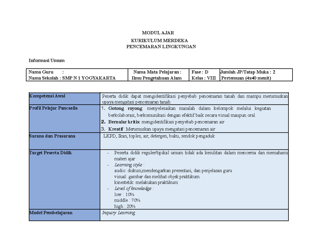 Modul Ajar IPA Kelas VIII: Pencemaran Lingkungan SMP N 1 Yogyakarta - Studocu