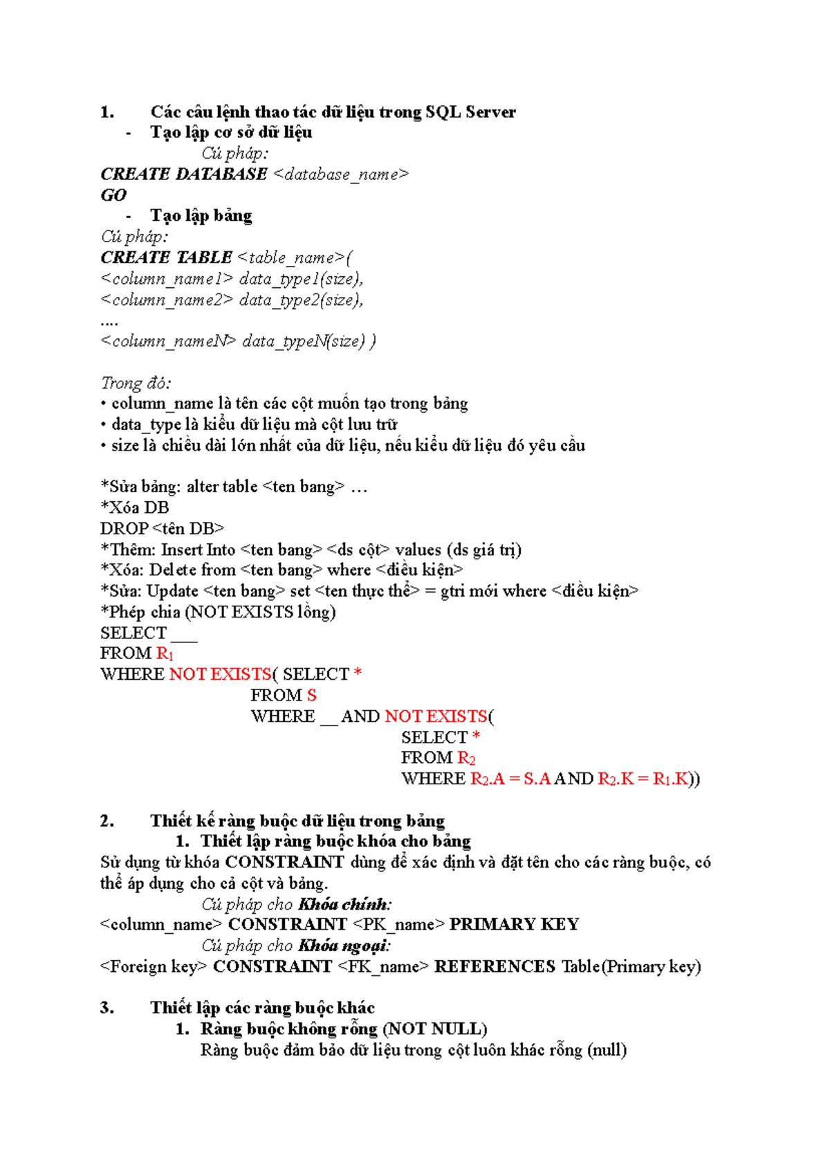 ÔN TẬP KIẾN THỨC CƠ SỞ DỮ LIỆU - SQL SERVER - Studocu