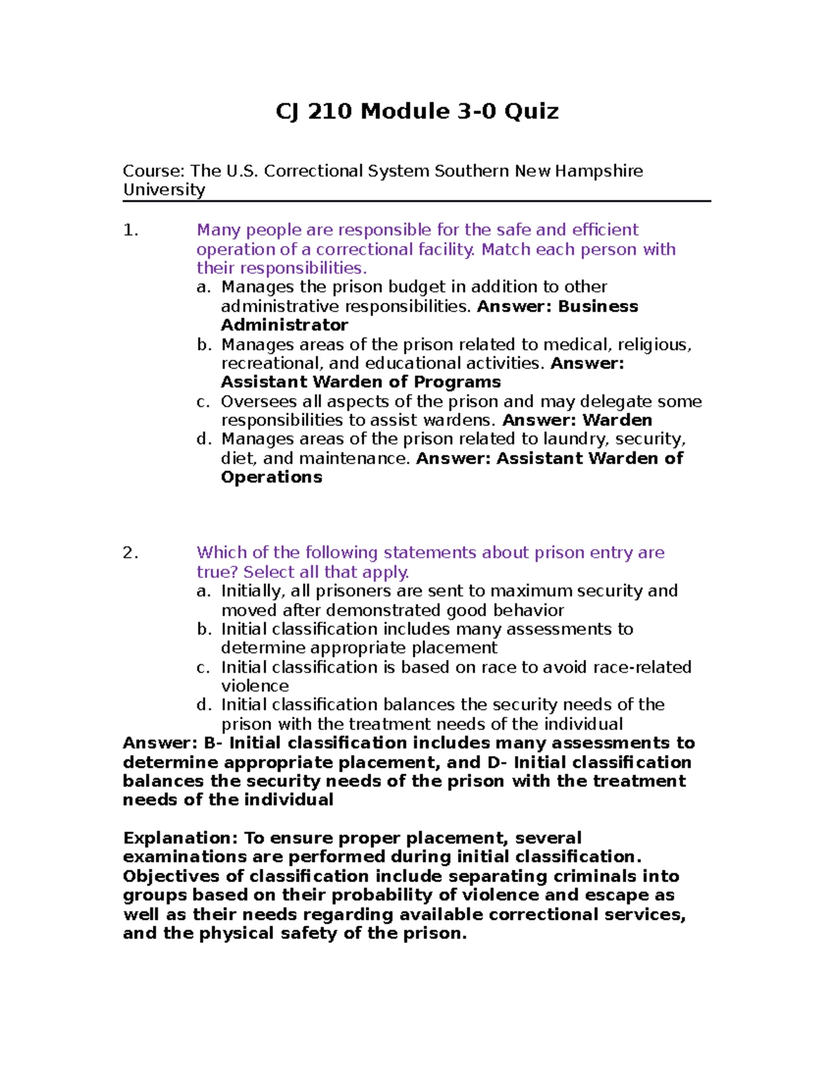 CJ 210 2-3 Quiz - The United States Correctional System Module 2-3 Quiz ...
