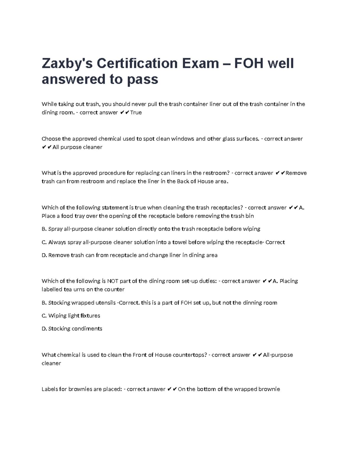 Zaxby's Certification Exam – BOH: Complete Q&A Solutions 12 - Studocu