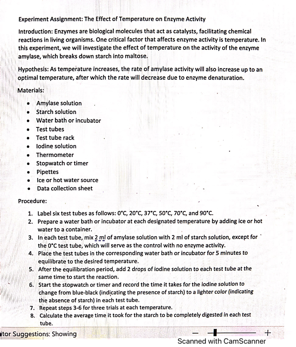 Experiment - One critical factor that affects enzyme activity is ...