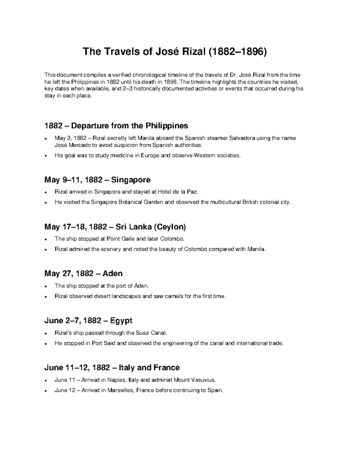 Rizal's Travels: A Detailed Timeline (1882-1896) - Studocu
