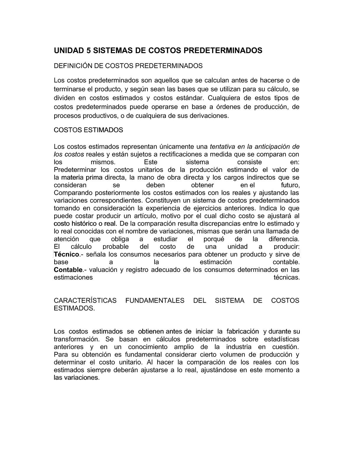 Unidad 5: Sistemas de Costos Predeterminados - Conceptos Clave y ...