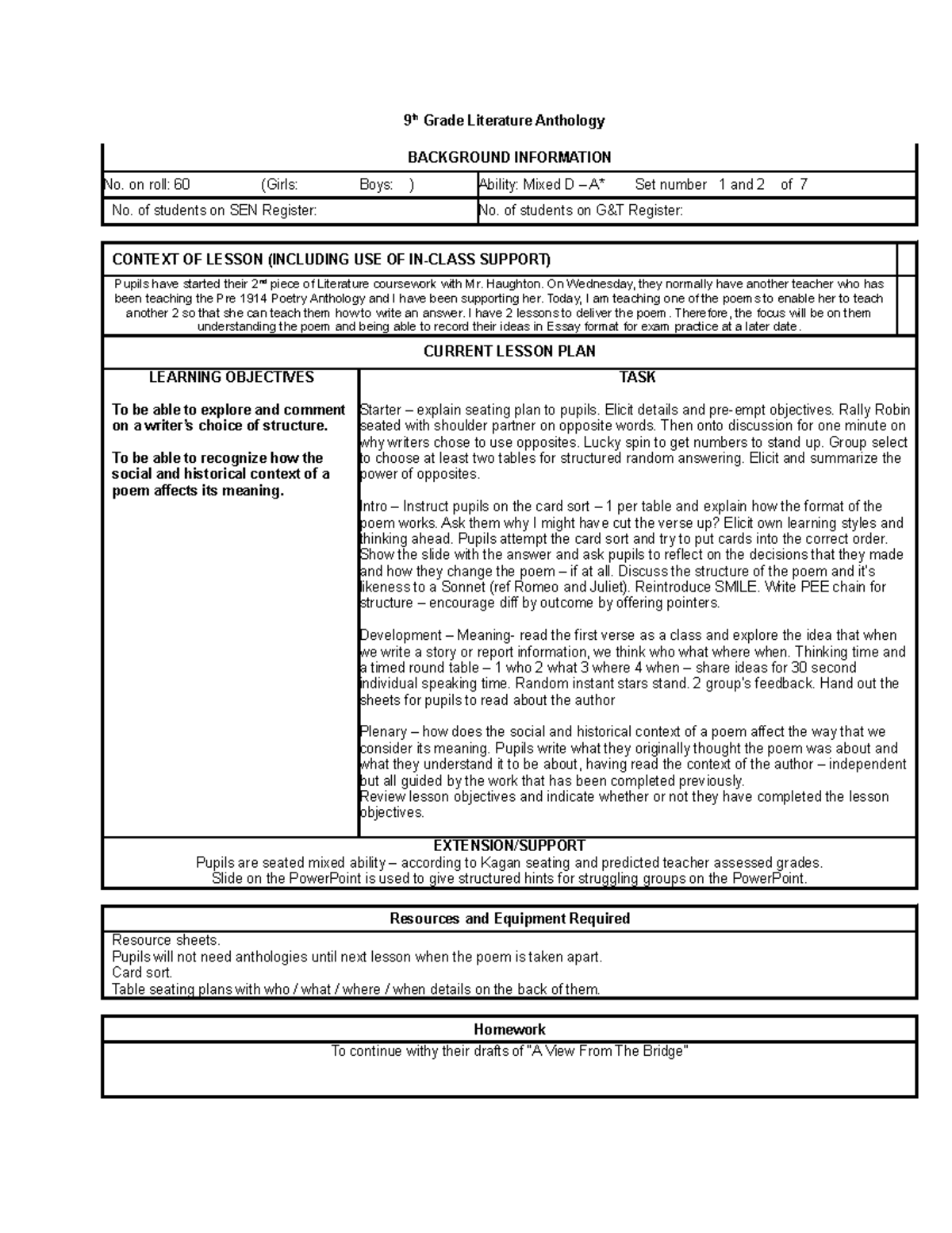 Lesson Plan for Elegy Analysis - 9th Grade Literature - Studocu