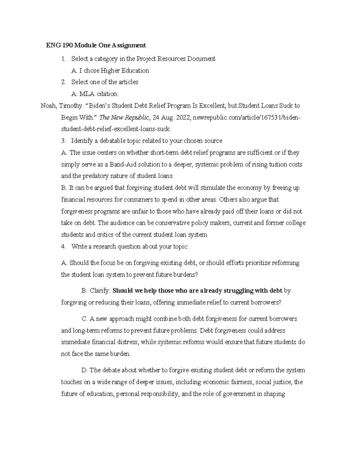 ENG 190 Module One Assignment: Debating Student Debt Relief Solutions - Studocu