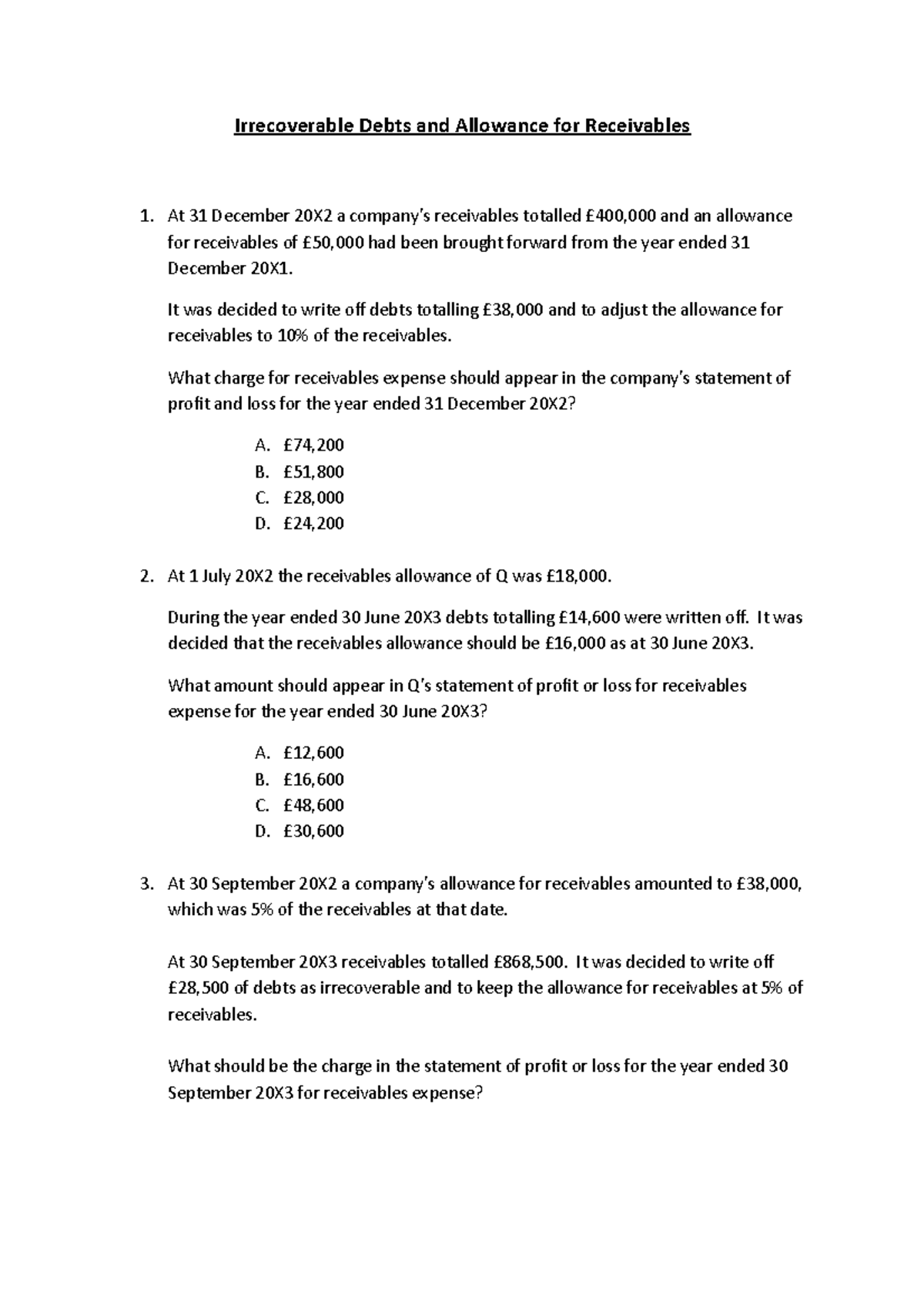 Irrecoverable Debts & Allowance for Receivables - Q&A Guide - Studocu