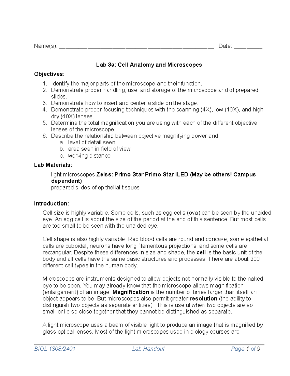 BIOL 1308/2401 Lab 3A: Exploring Cell Anatomy & Microscope Use - Studocu